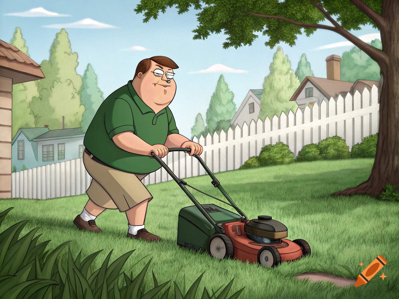 Cartoon man Peter Griffin mowing lawn in suburban backyard. on Craiyon