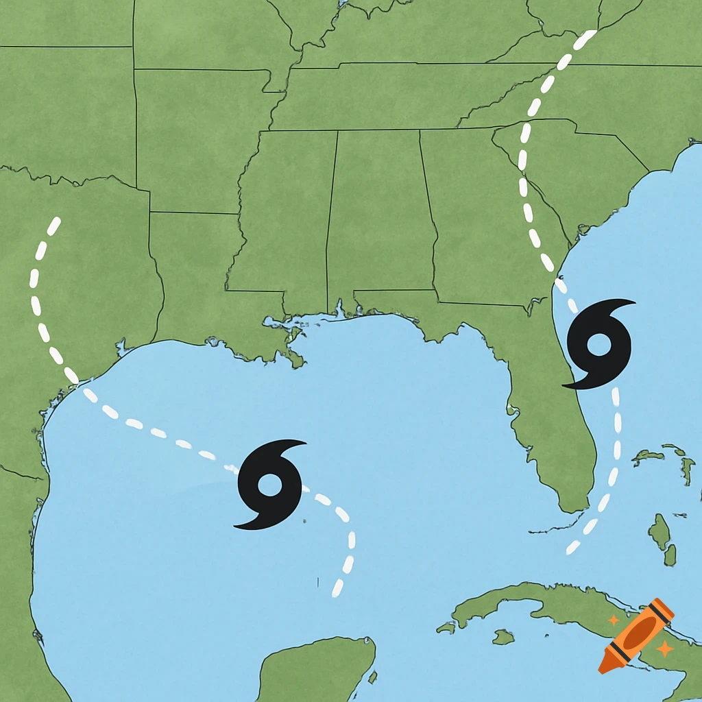 Map showing two hurricane paths over the Gulf of Mexico and ...