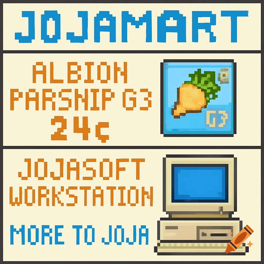 Pixel art advertisement for Joja Mart products, including a parsnip and ...
