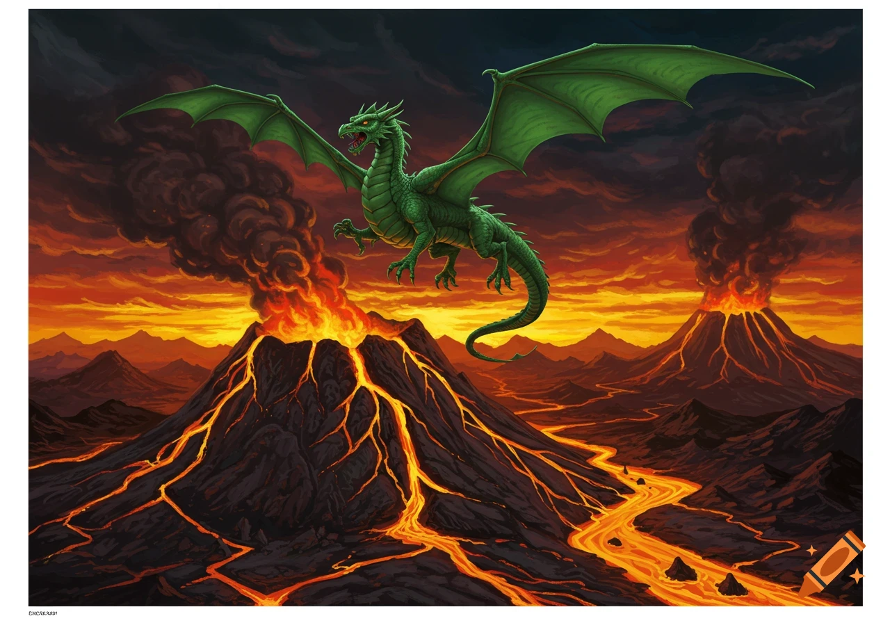 A green dragon flies over erupting volcanoes with rivers of lava under ...