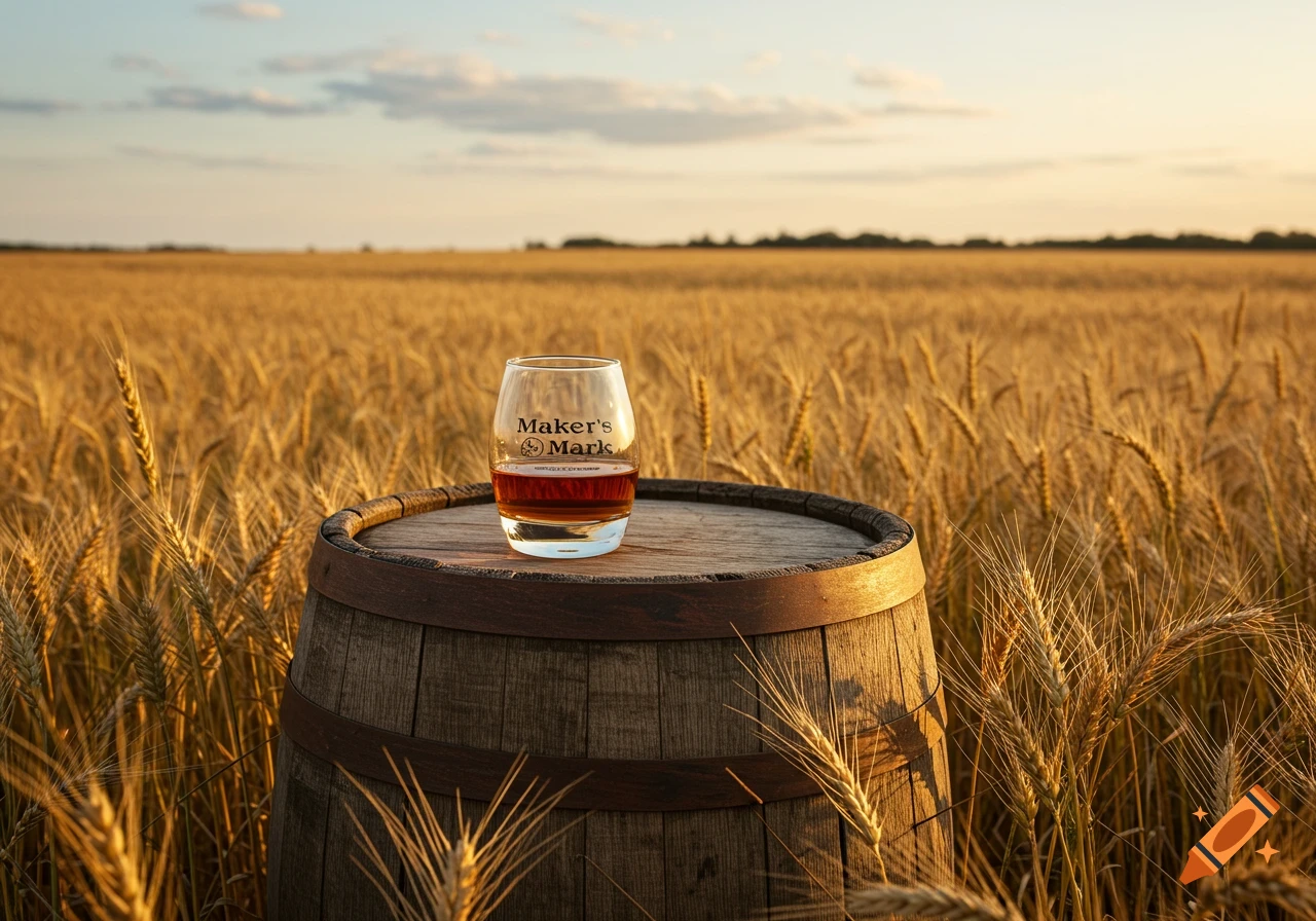 A glass of amber liquid sits on a wooden barrel in a field of golden ...