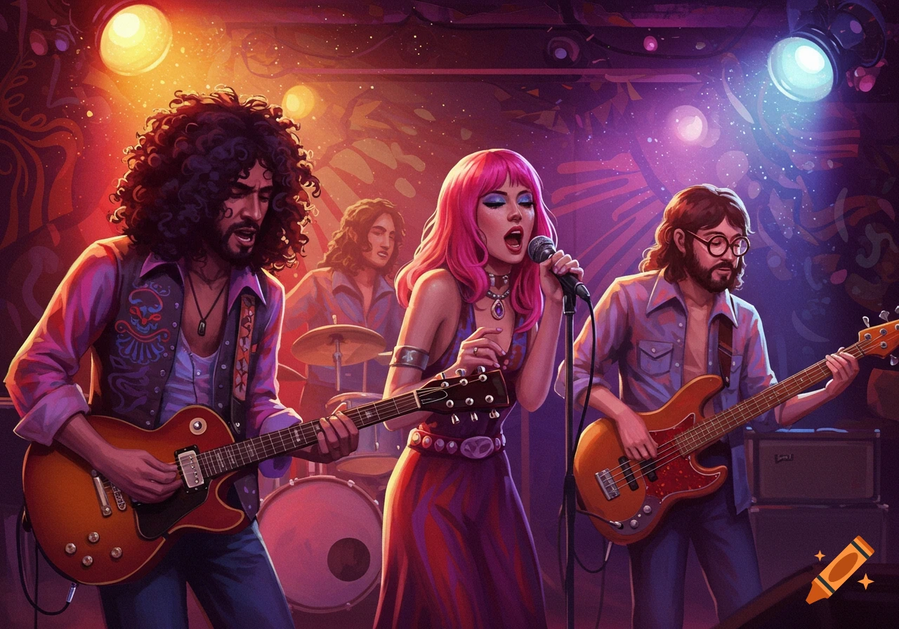 A band performs on a brightly lit stage, playing psychedelic music. on ...