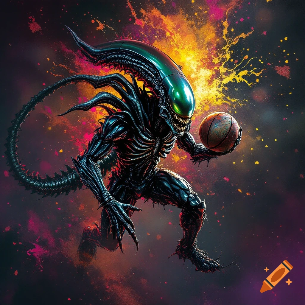 Xenomorph creature playing basketball against a colorful, abstract ...