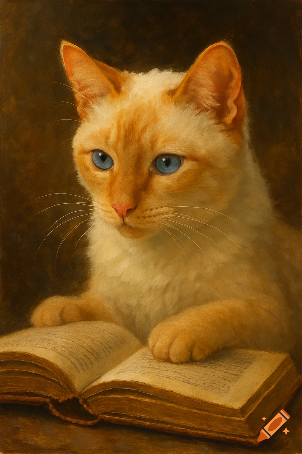 Oil painting of a Flame Point Siamese cat with blue eyes reading a book ...