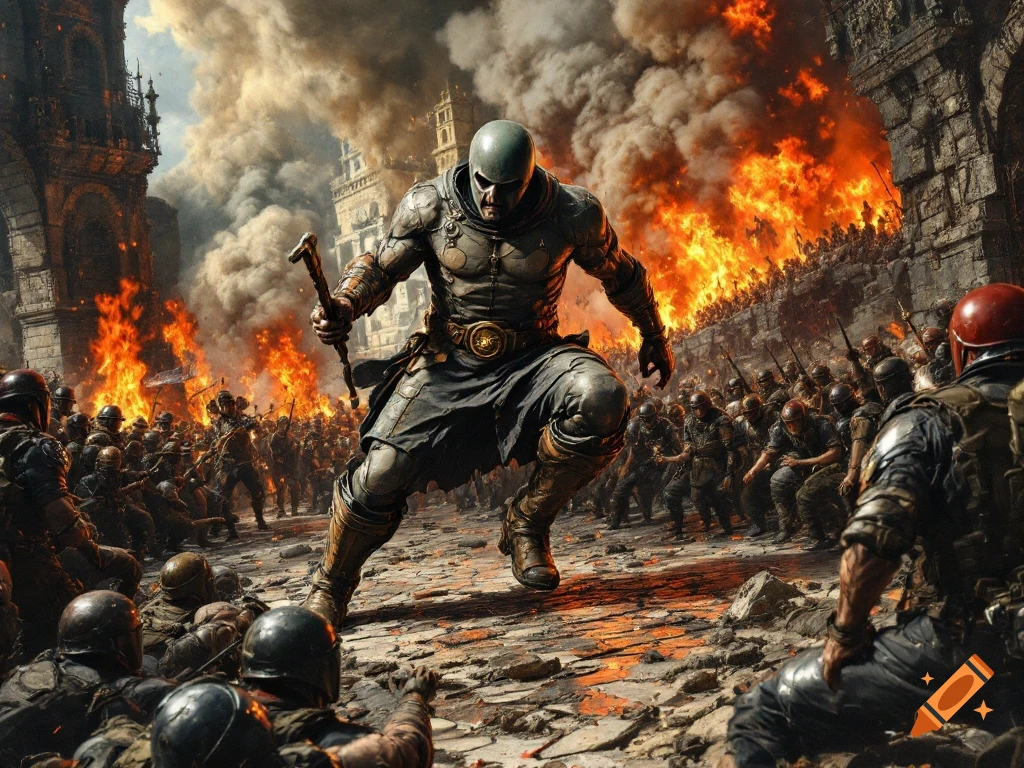 A warrior leads soldiers in a chaotic battle amidst fire and ...