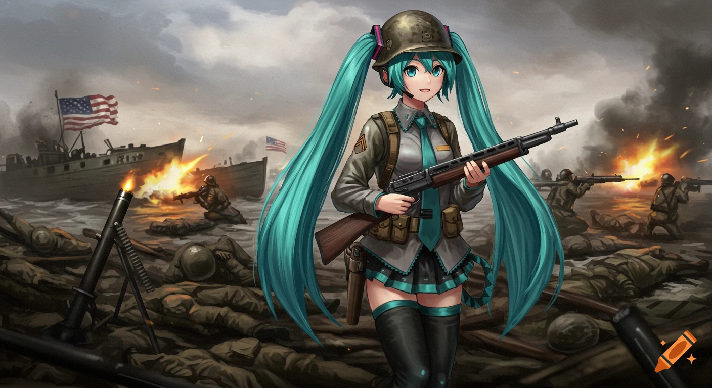 Hatsune Miku in WWII sergeant uniform on a battlefield with soldiers ...