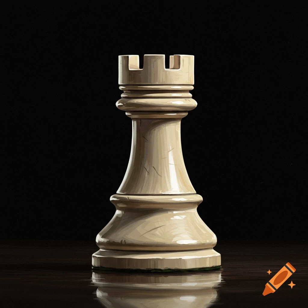 A close-up painting of a white chess rook on a dark surface with a ...