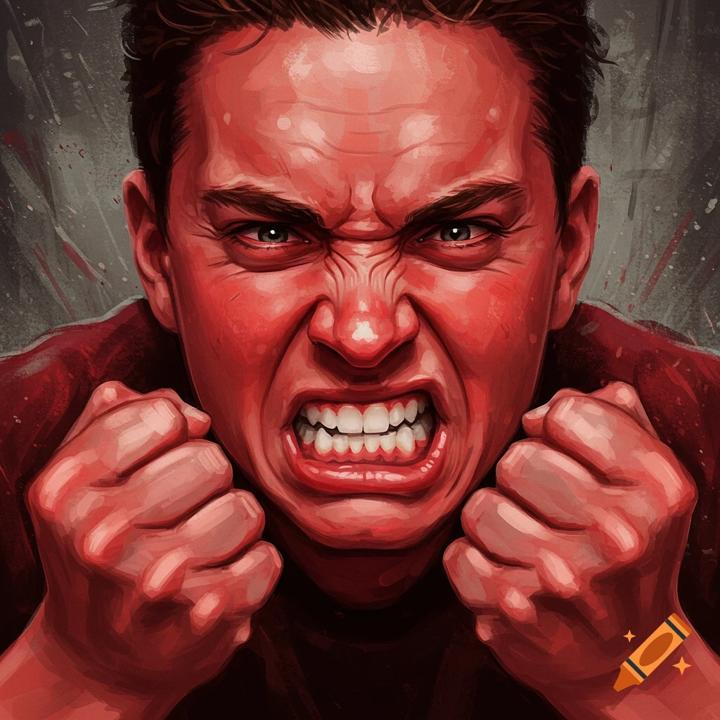 Close-up illustration of a man with a red face, gritting his teeth and ...