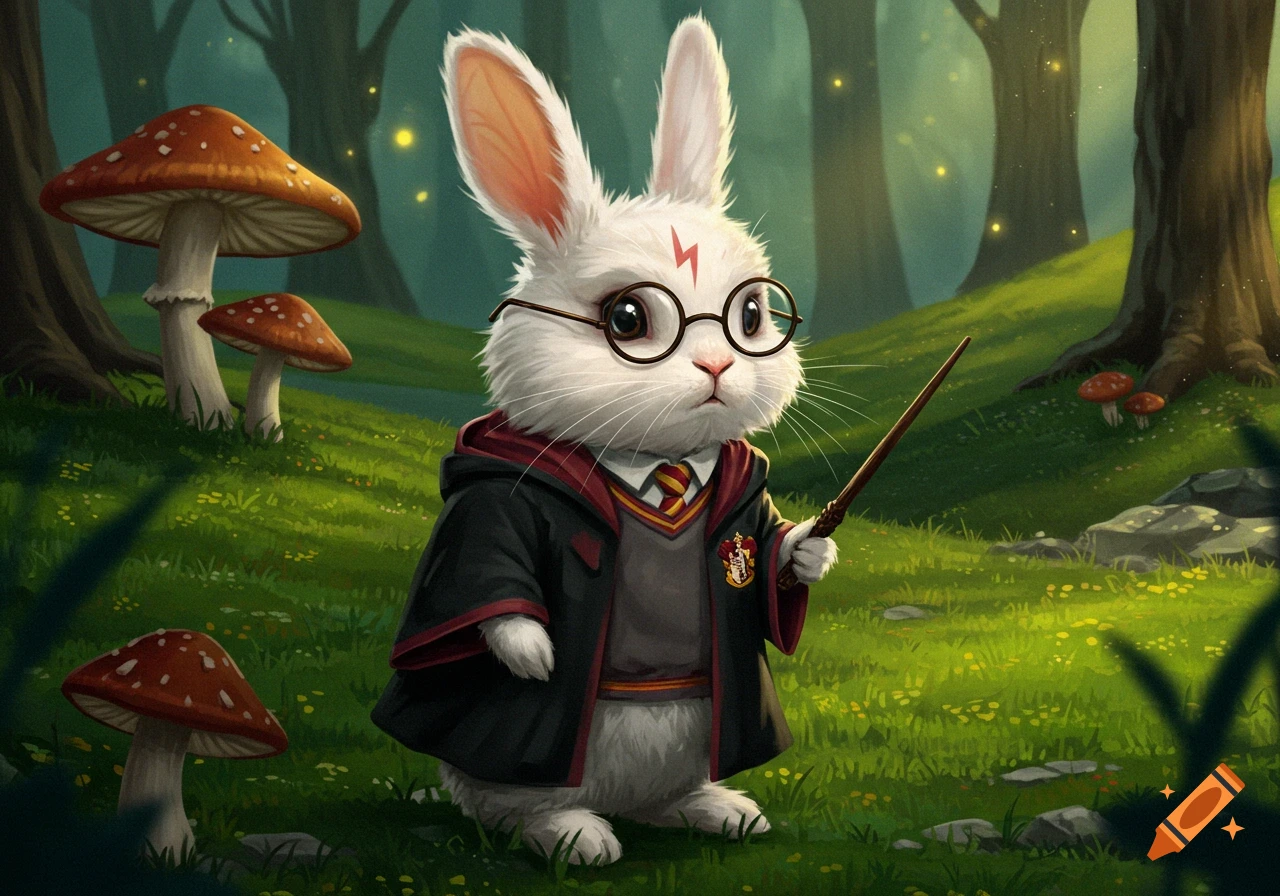 A fluffy white rabbit wearing Harry Potter's glasses and robe stands in ...