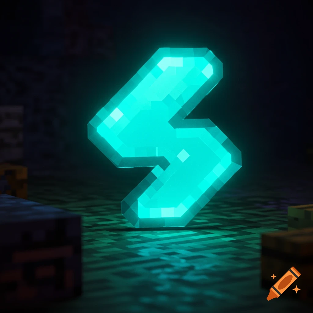 Glowing cyan pixelated lightning bolt energy stone in a dark Minecraft ...