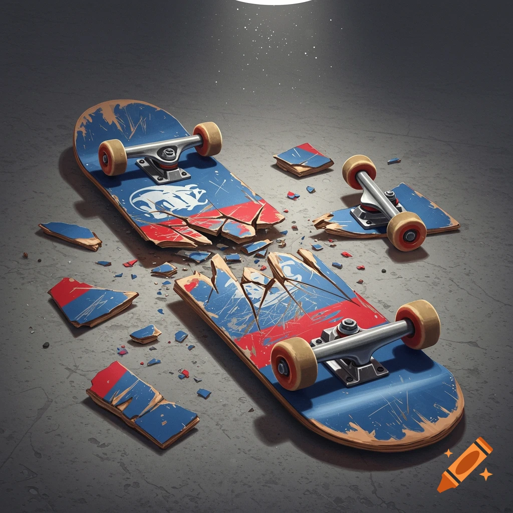 Two broken skateboards lie on the ground, split into pieces. on Craiyon