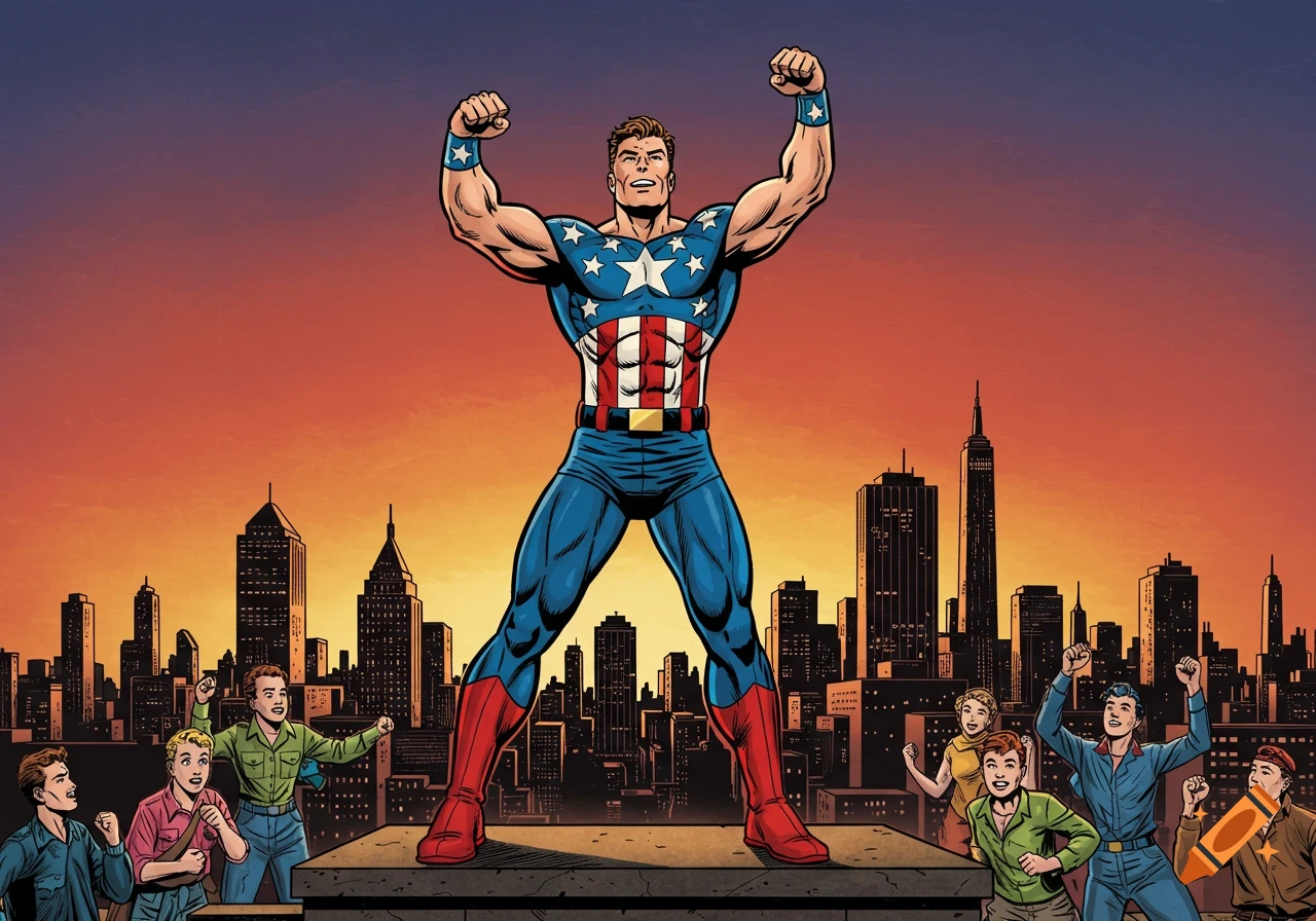 Comic book style illustration of a superhero on a rooftop with a city ...