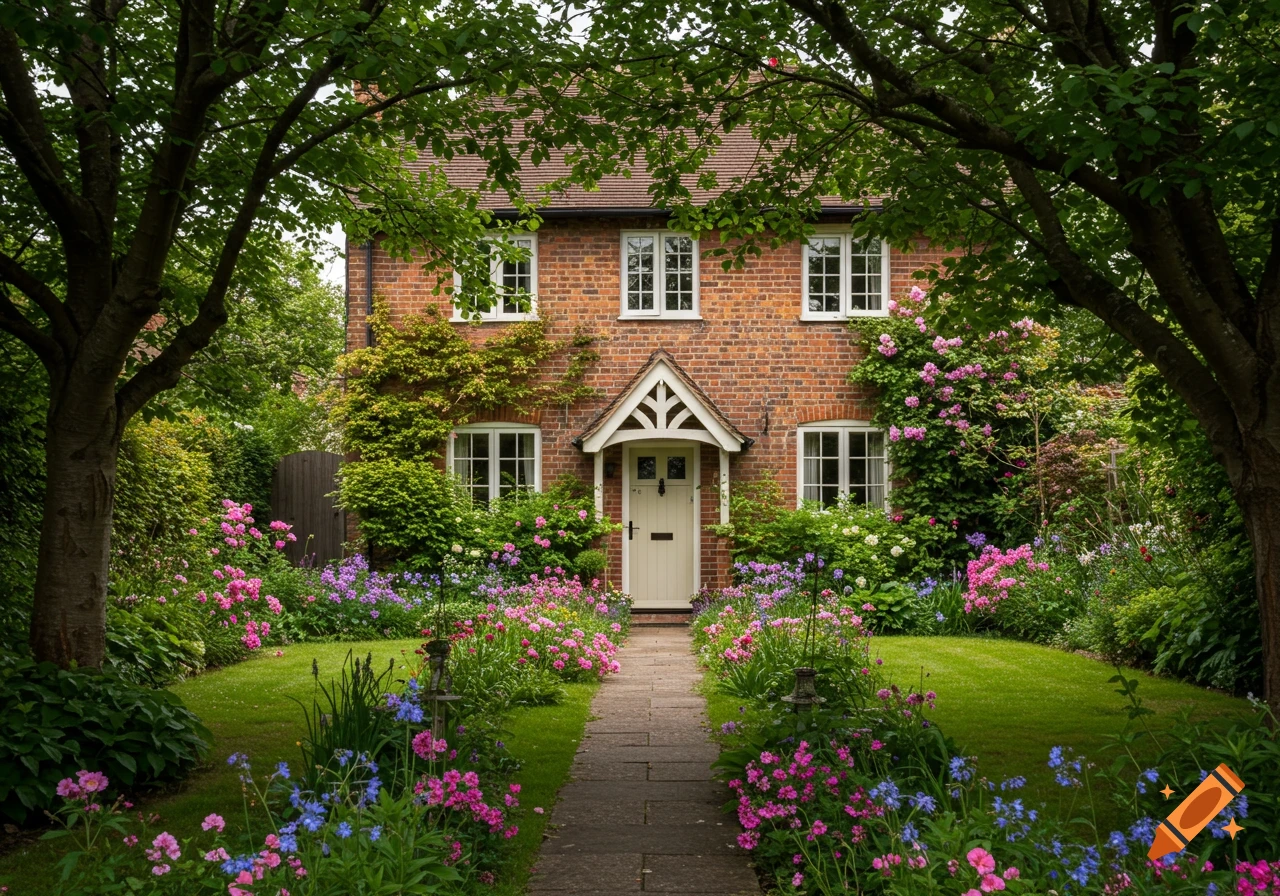 A brick cottage house surrounded by a vibrant garden with flowers and ...