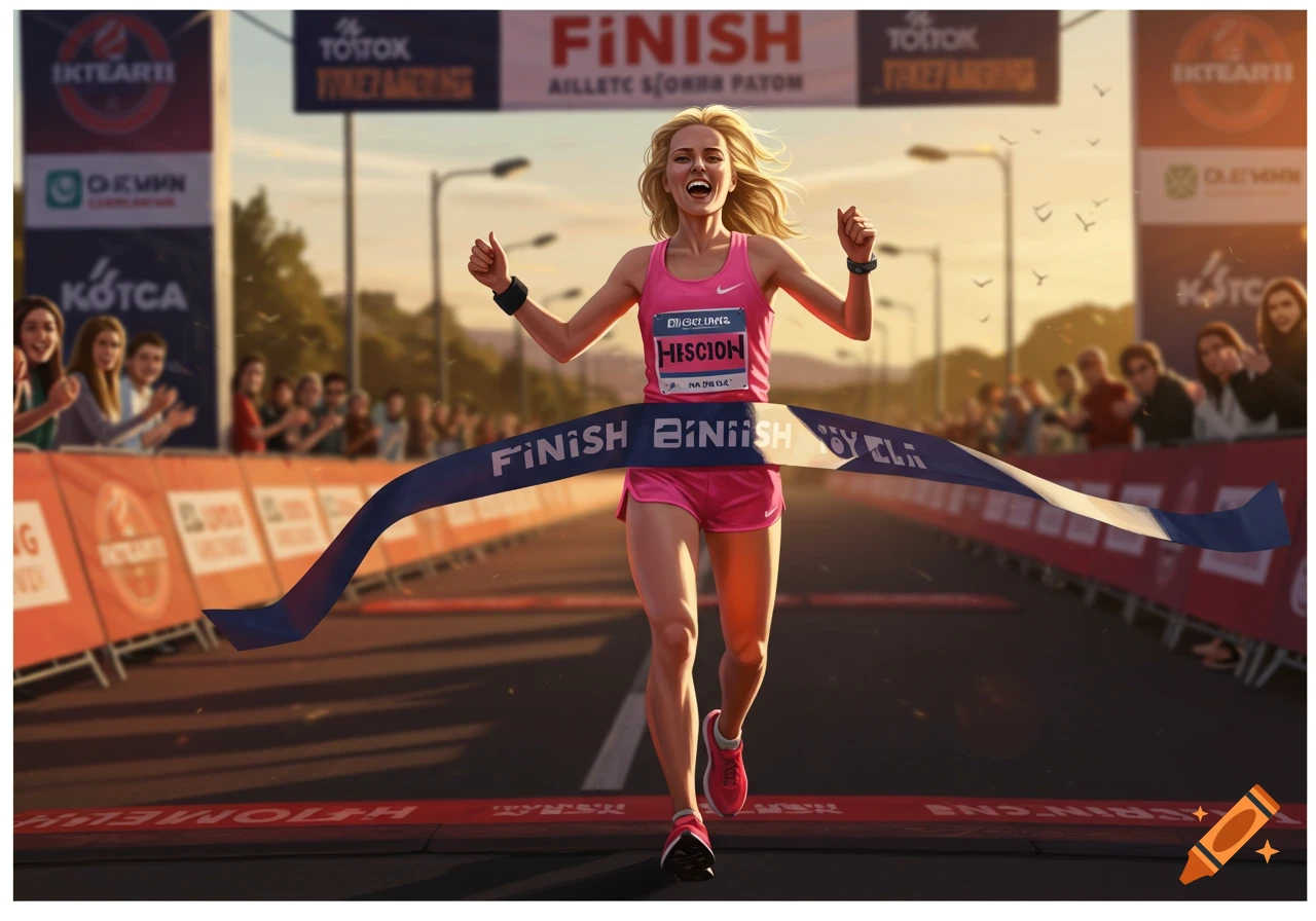 Blonde female runner crosses the finish line tape in a race, hands ...