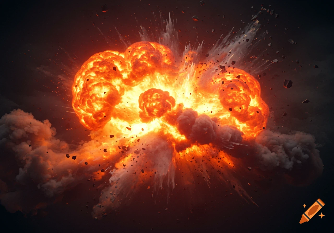 A large, bright fiery explosion with smoke and debris scattering. on ...