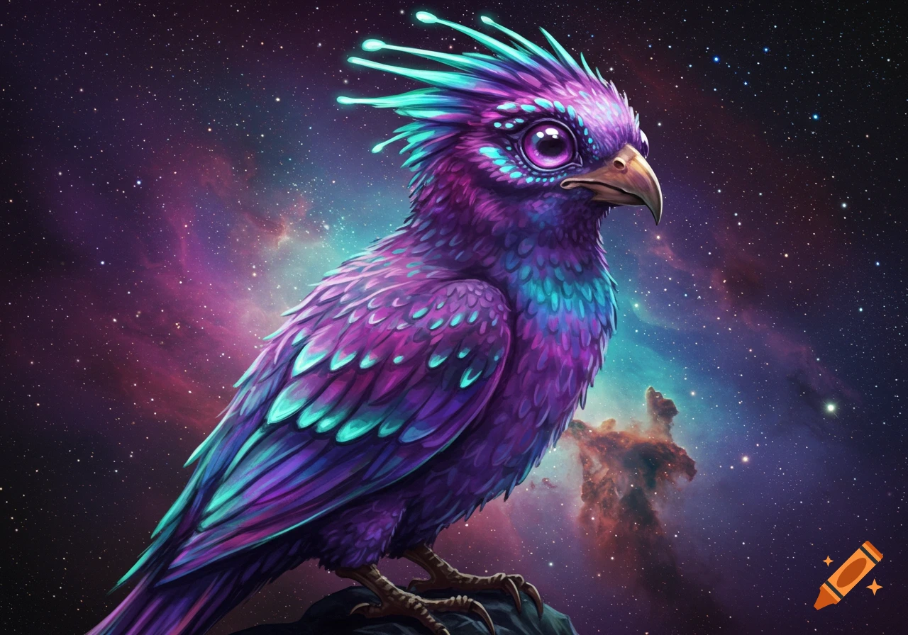 A colorful purple and turquoise alien bird with large eyes sits against ...