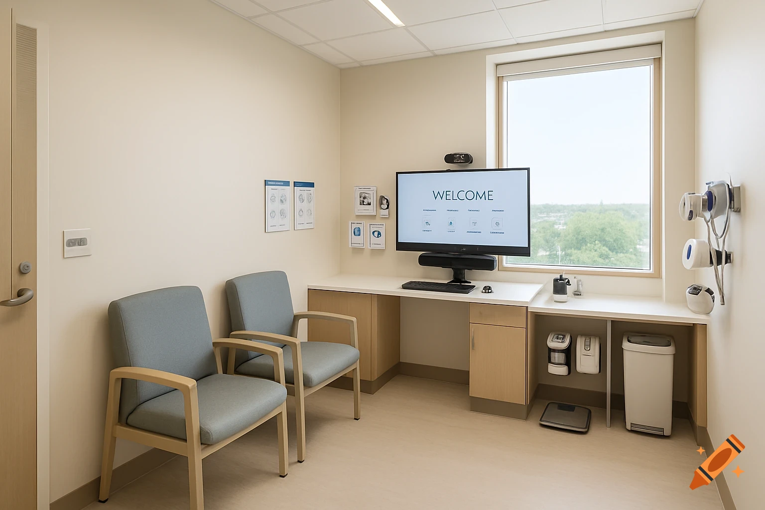 A modern and clean clinical examination room with chairs, desk ...