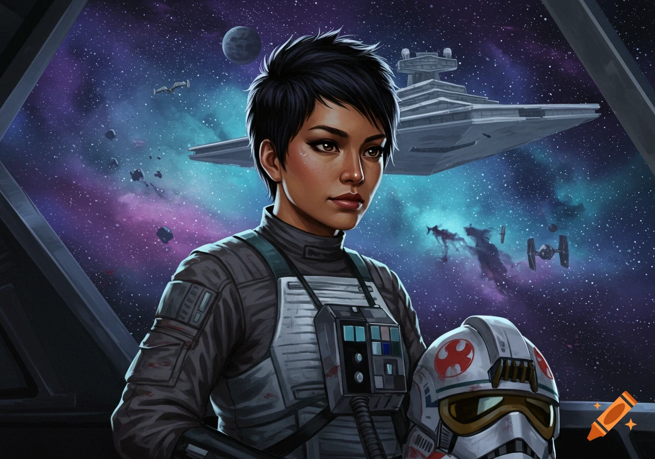 Illustration of a female pilot looking out from a cockpit at a Star ...