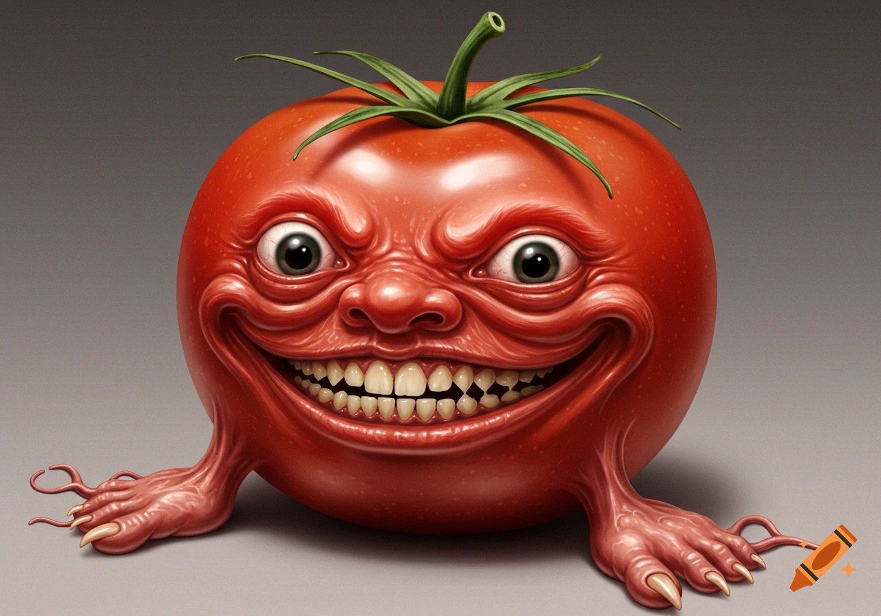 Creepy anthropomorphic tomato with a human face and clawed feet. on Craiyon