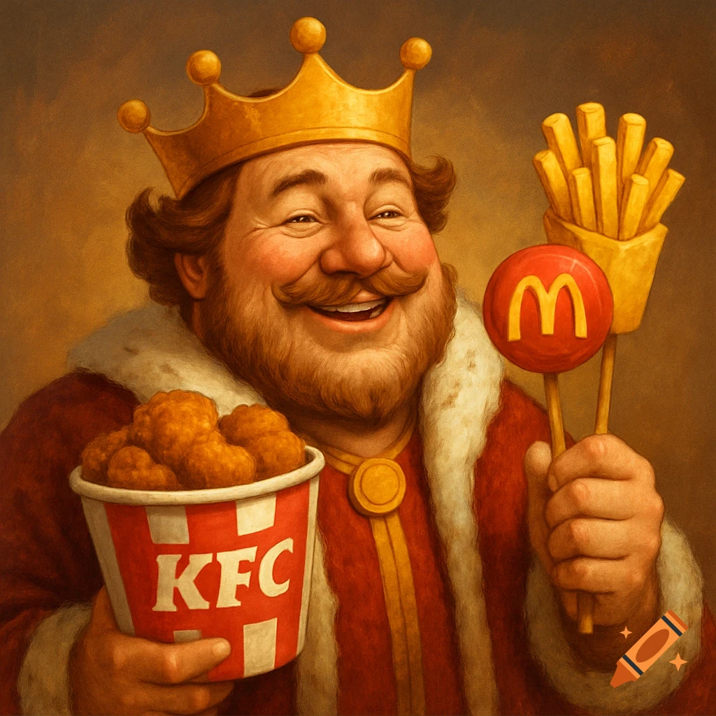 Cartoon king in crown and robe holds KFC bucket and McDonald's fries ...