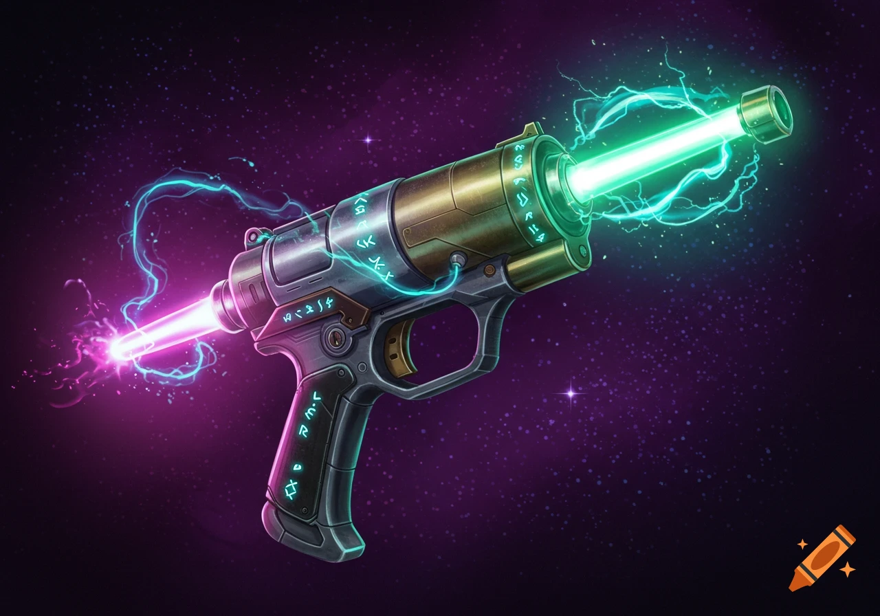 Sci-fi laser pistol glowing purple and green energy in space on Craiyon