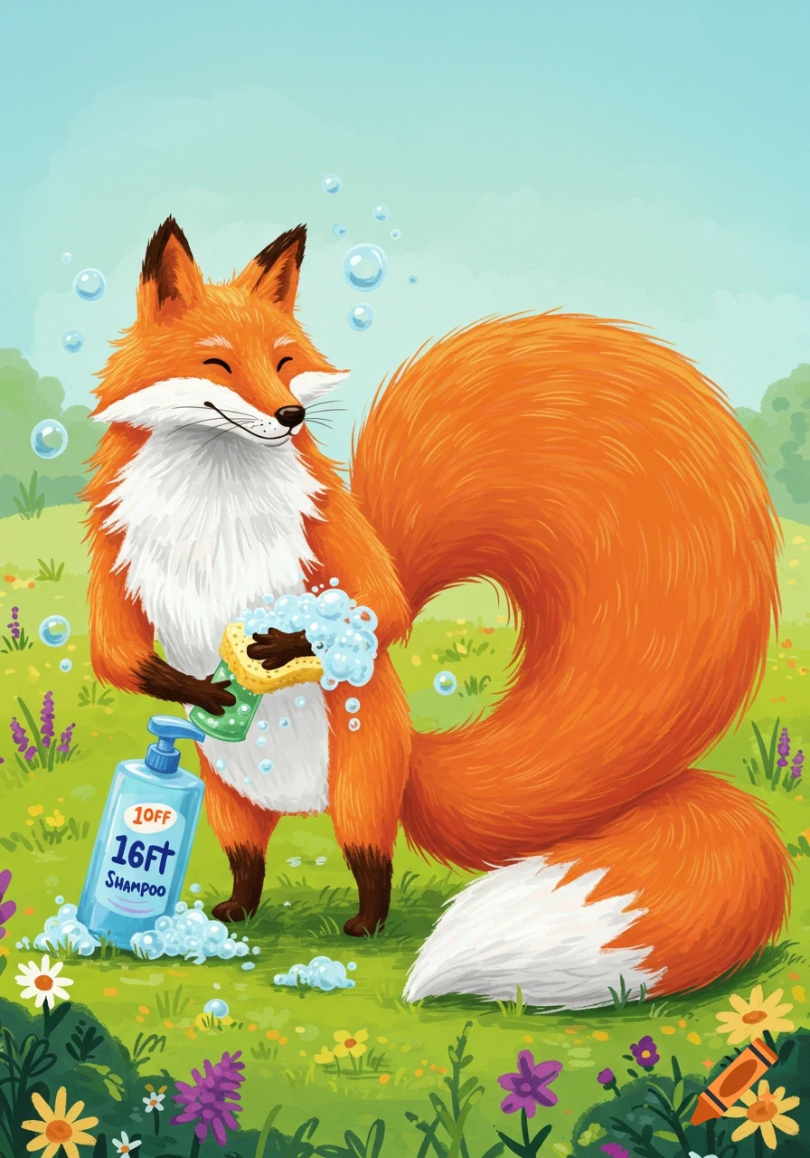 Illustration of a cartoon fox washing its large tail with shampoo ...