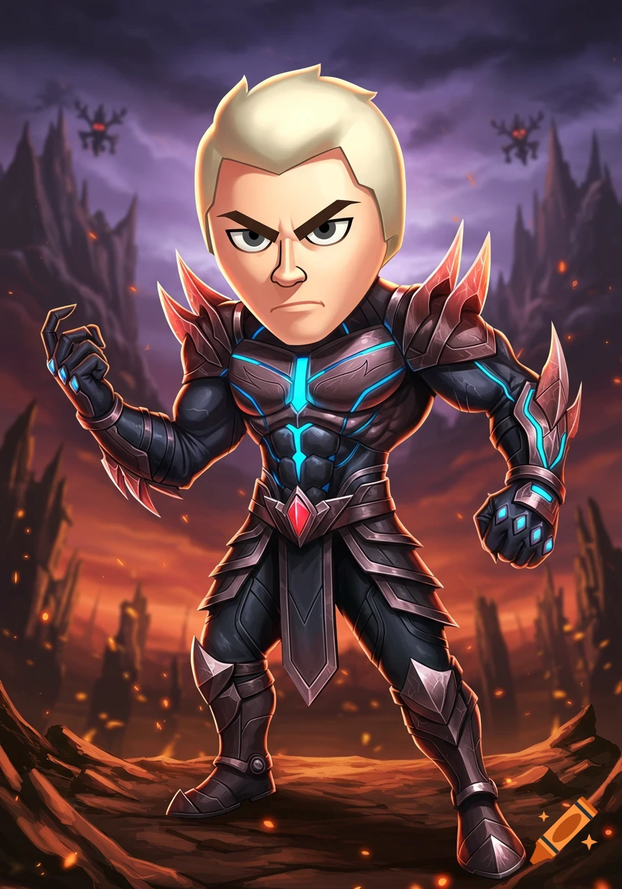 Chibi Mii character in powerful armor in a fiery, rocky landscape on ...