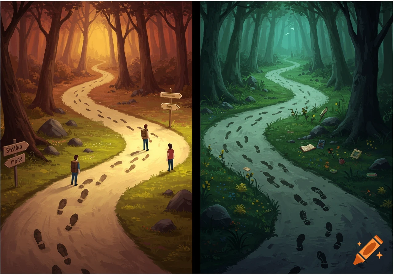 Split image showing two paths in a forest: one warm and bright with ...