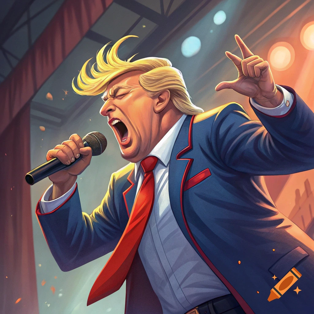 Caricature of Donald Trump singing into a microphone on a stage. on Craiyon