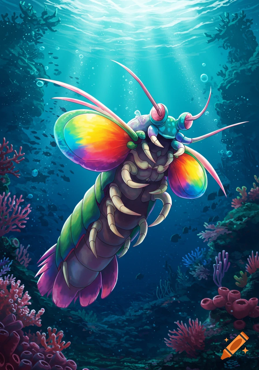 A vibrant rainbow mantis shrimp swims among coral reefs underwater. on ...