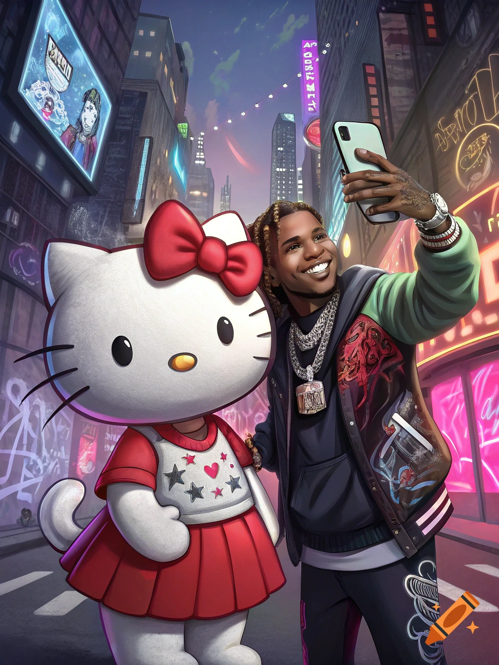 Hello Kitty and rapper Lil Durk take a selfie on a city street. on Craiyon