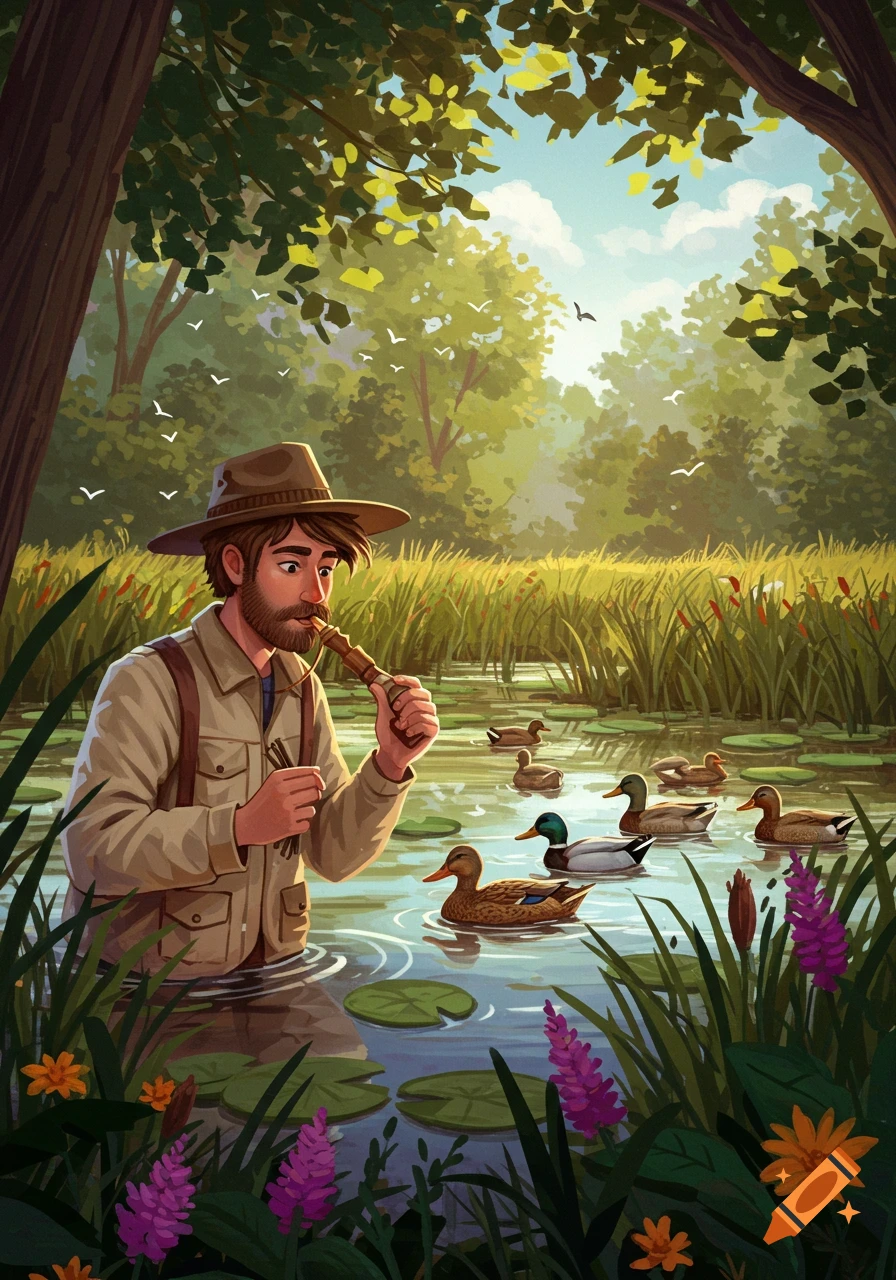 Illustrative image of a man using a duck call in a pond surrounded by ...