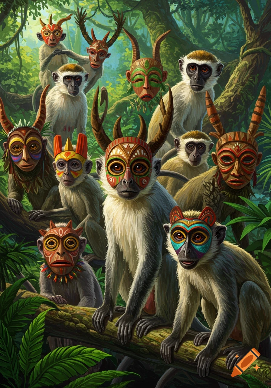 Several monkeys in elaborate, colorful tribal masks pose in a jungle ...