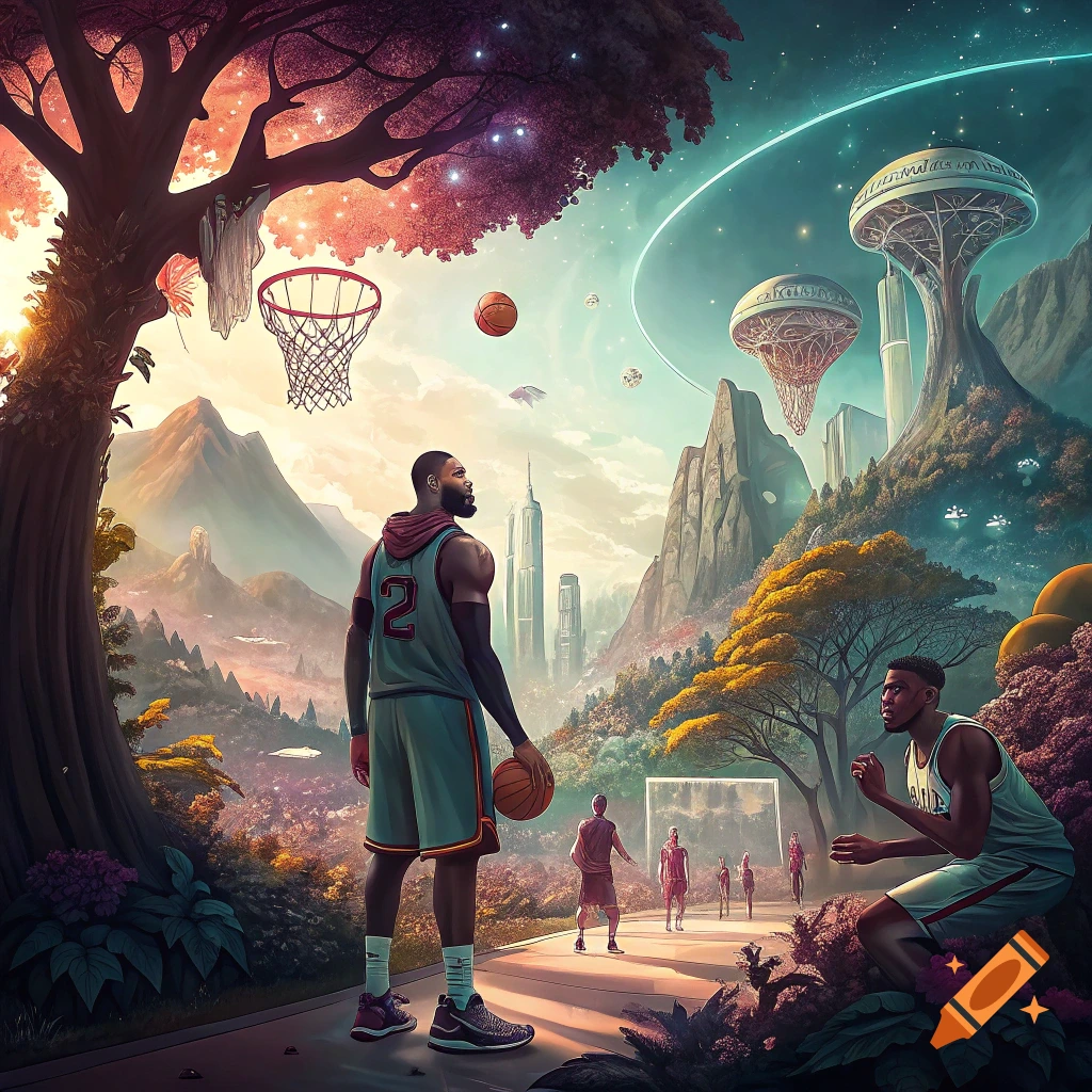 Basketball players in a vibrant, surreal fantasy landscape with strange ...
