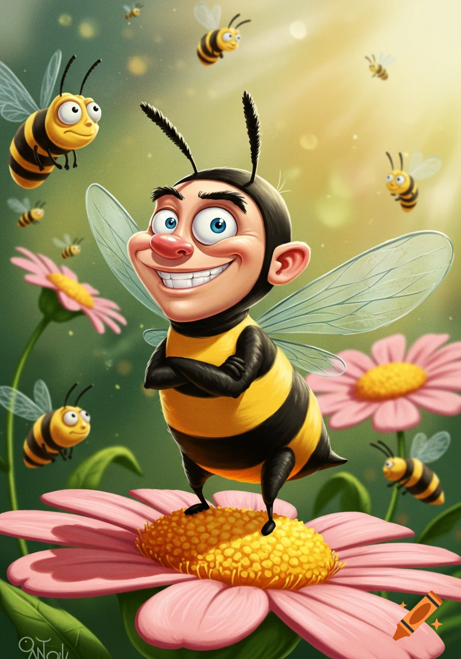 Cartoon illustration of a goofy bee character standing on a pink flower ...