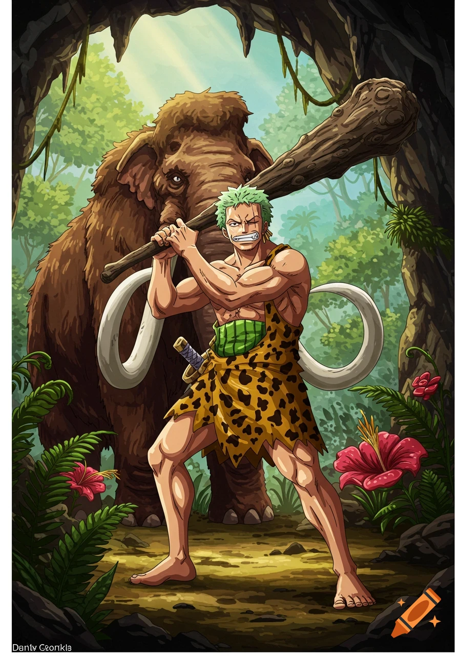 Anime illustration of Roronoa Zoro as a caveman with a mammoth in a ...