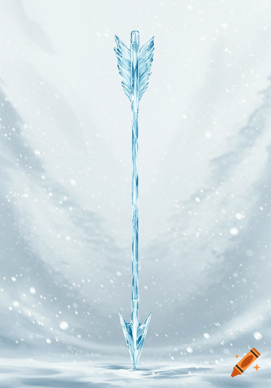 An archery arrow made of ice stands upright in a snowy winter scene. on ...