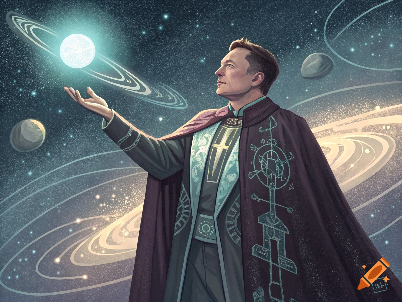 Illustration of a person resembling Elon Musk in a cosmic robe holding ...