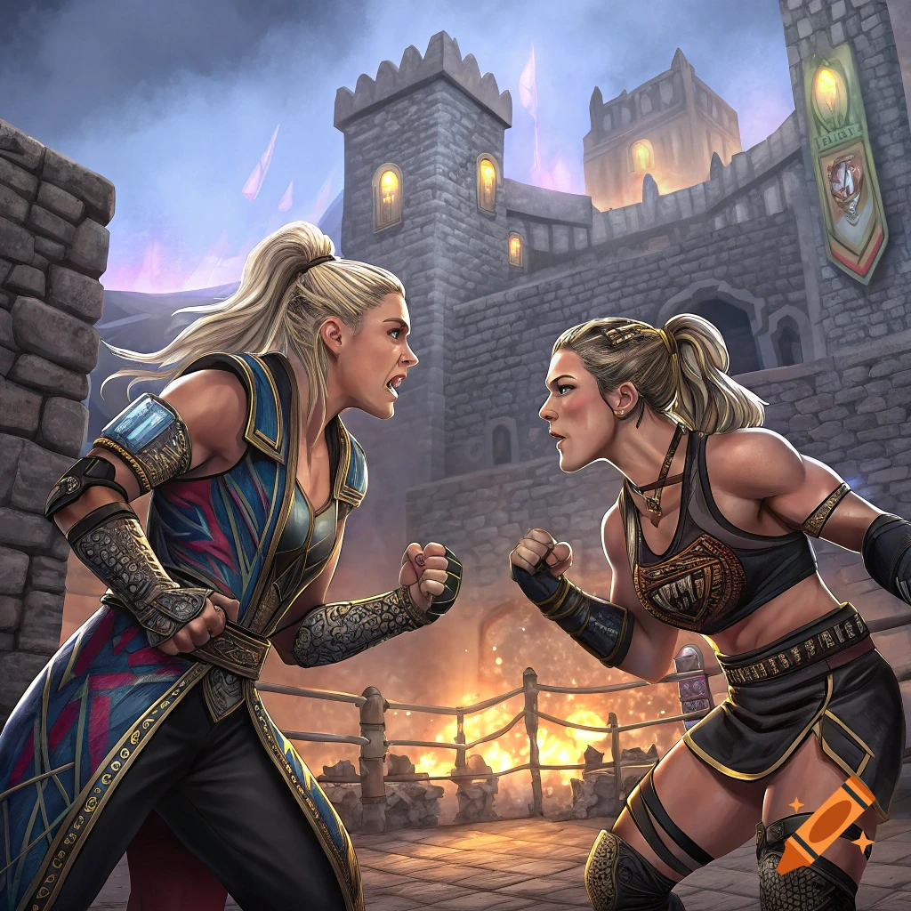 Two female fighters square off in a fantasy arena with a castle ...