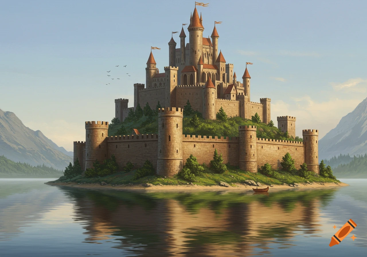 Illustration of a large medieval castle on an island in a lake with ...