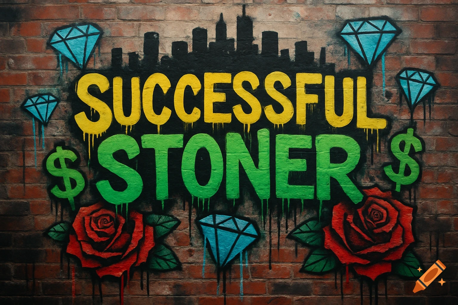 Graffiti on a brick wall with 'SUCCESSFUL STONER' text, dollar signs ...
