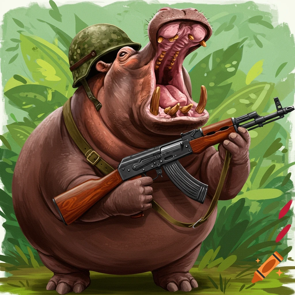 Cartoon hippo in military helmet holding an AK-47 with its mouth wide ...