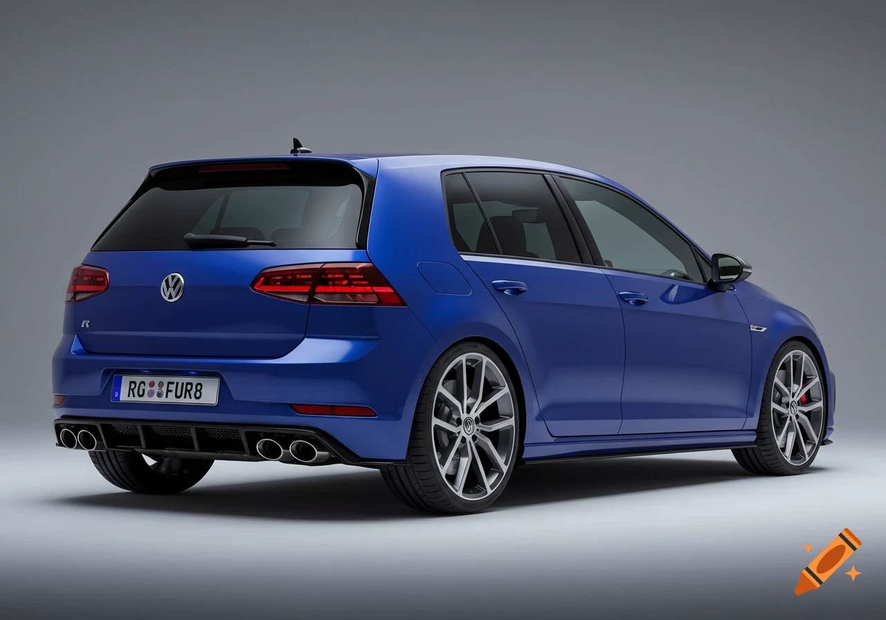 A rear view of a blue Volkswagen Golf R with silver wheels. on Craiyon