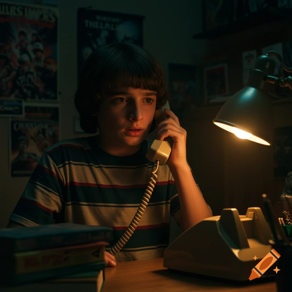 Boy on a landline phone in a dimly lit room with posters on the wall ...
