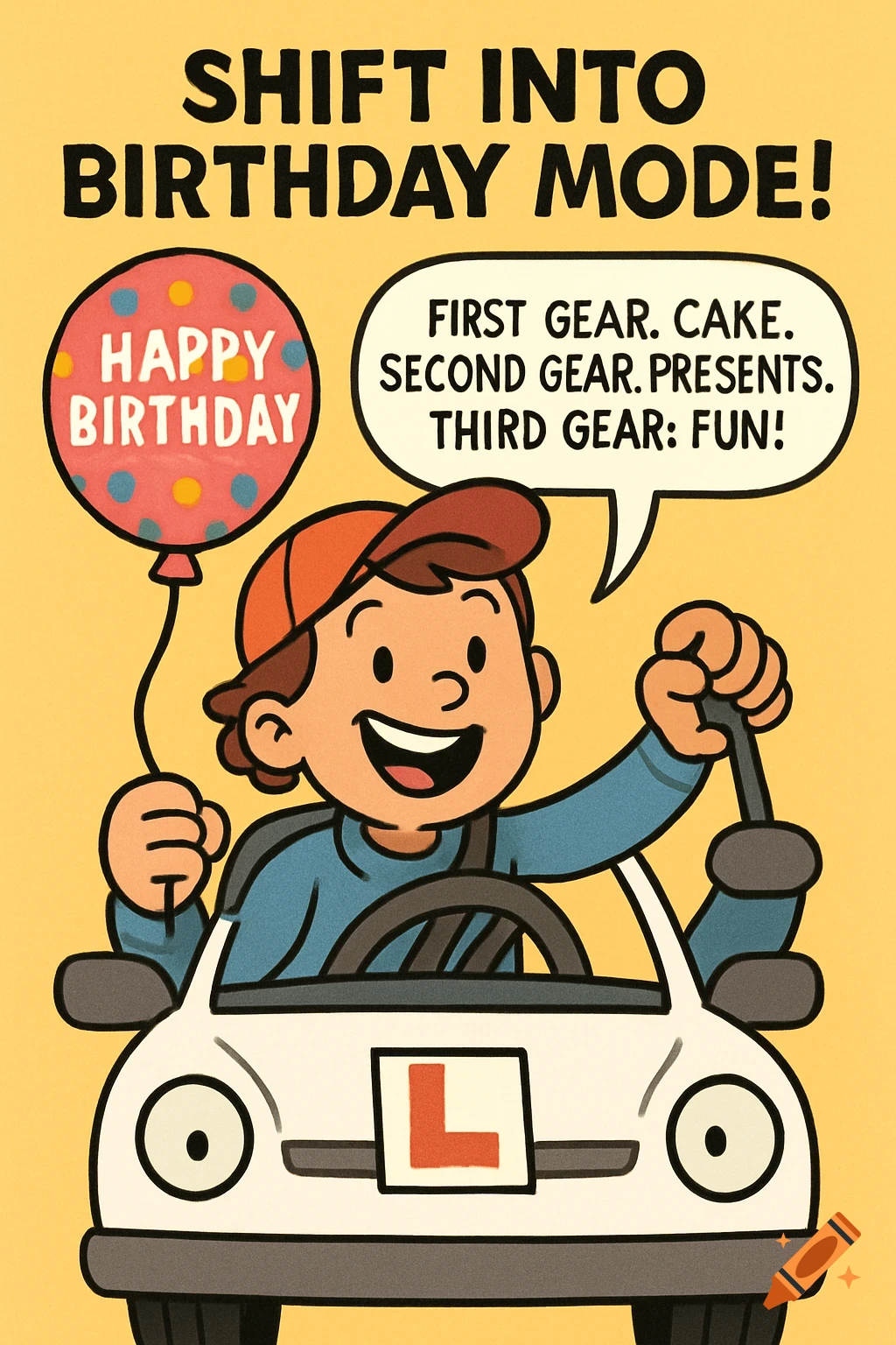 A cartoon of a smiling boy driving a car with an L plate, holding a ...