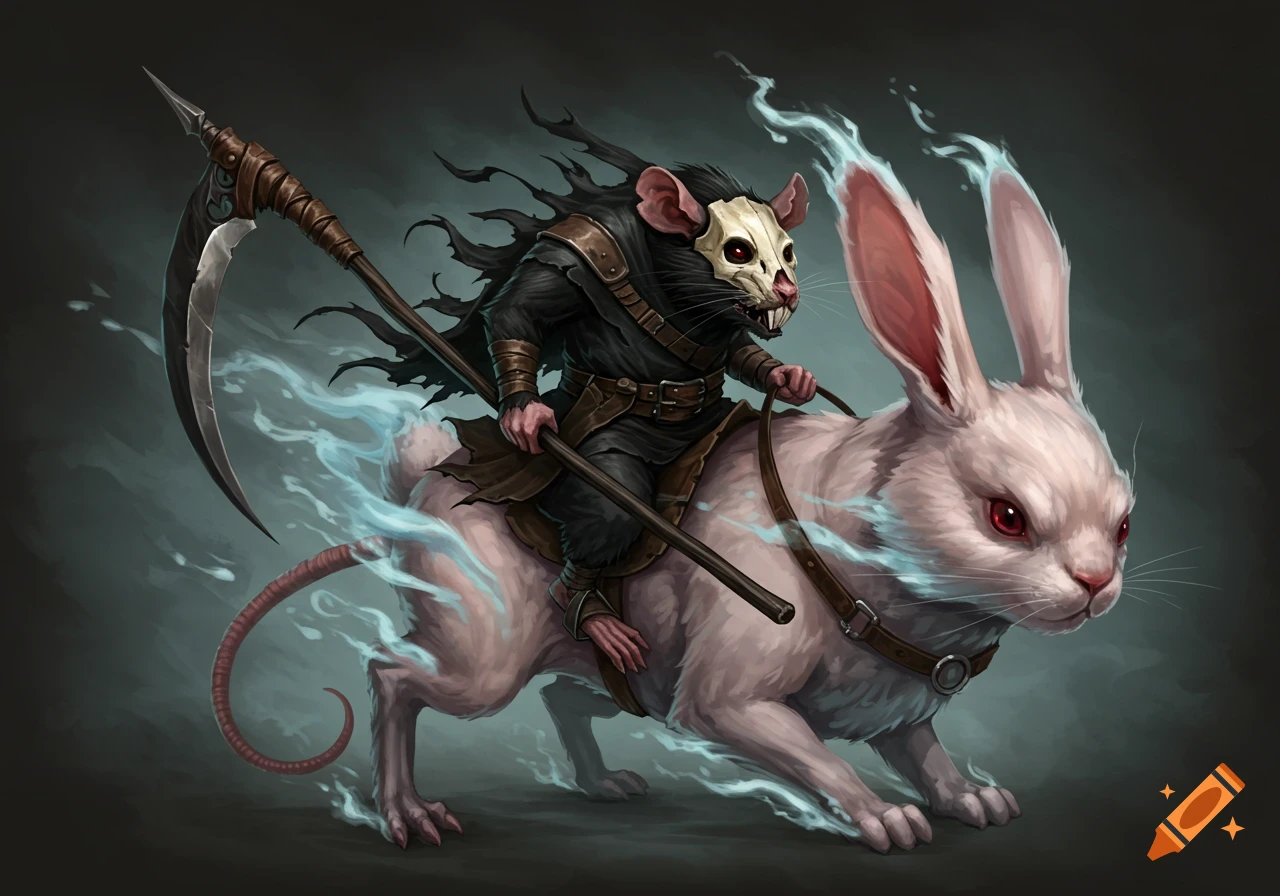 Anthropomorphic rat in skull mask and armor, wielding scythe, rides ...
