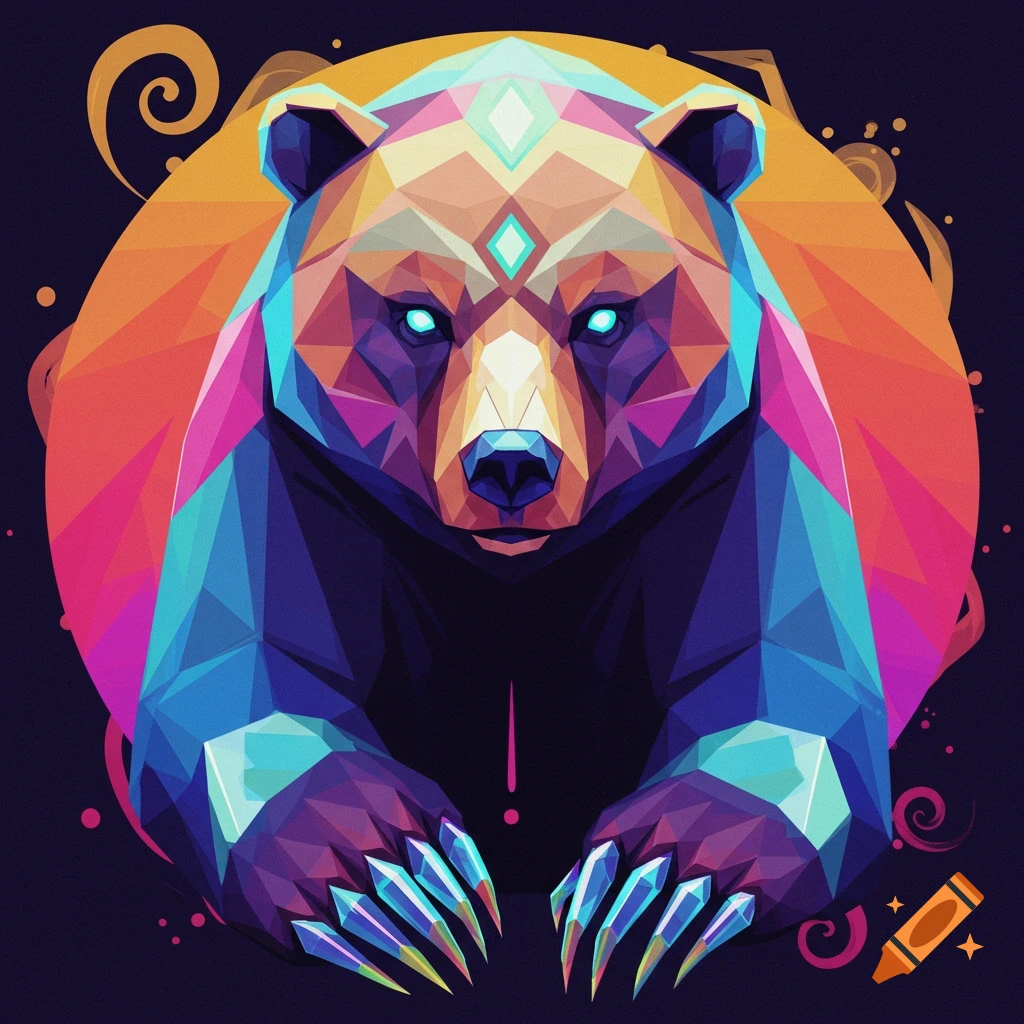 A colorful, geometric illustration of a bear head and paws. on Craiyon