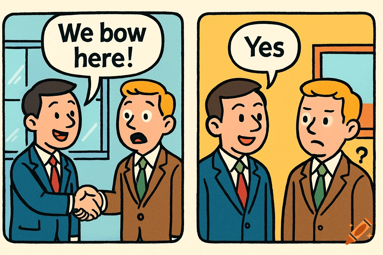 Cartoon comic strip. Panel 1: Man in suit offers handshake, says "We ...