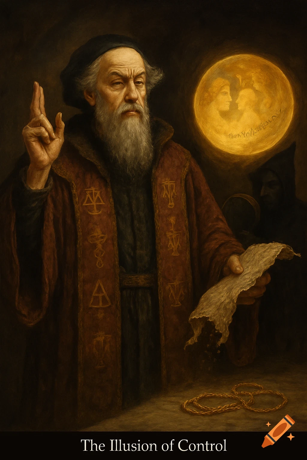 Portrait of an old man in robes with symbols, holding a scroll, next to ...