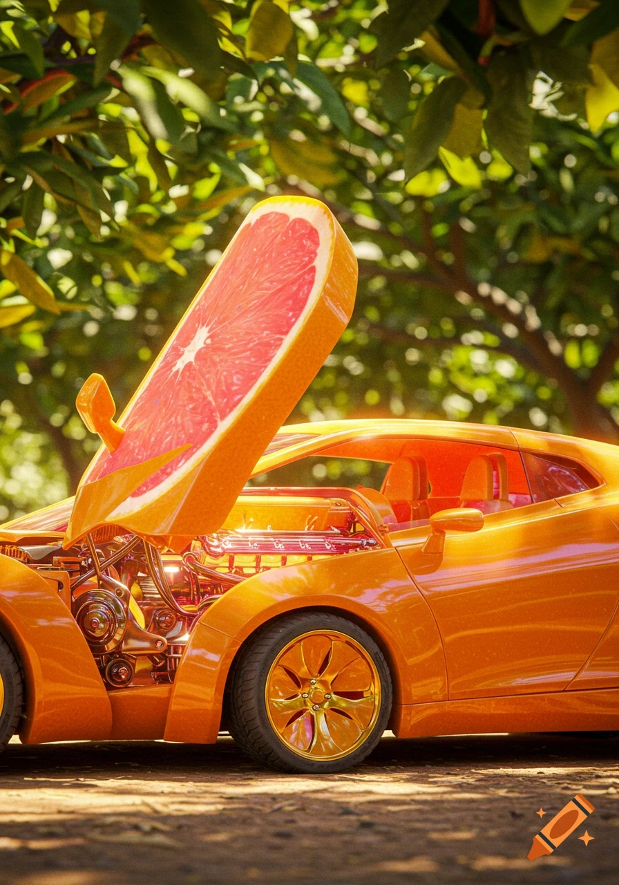 An orange sports car with a grapefruit slice hood and citrus engine under trees. on Craiyon